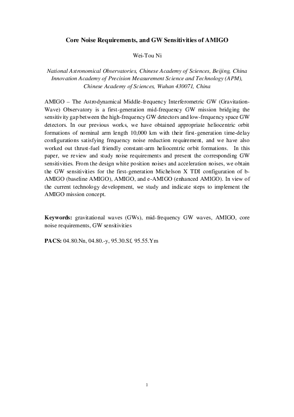 (PDF) Core Noise Requirements, and GW Sensitivities of AMIGO