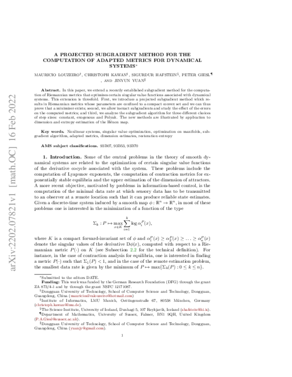 A Projected Subgradient Method For The Computation Of Adapted Metrics For Dynamical Systems