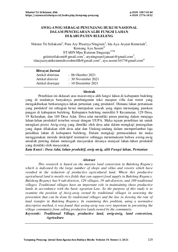 (PDF) Awig-Awig Sebagai Penunjang Hukum Nasional Dalam Pencegahan Alih ...