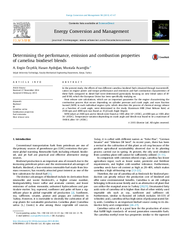 (PDF) Determining the performance, emission and combustion properties of camelina biodiesel blends