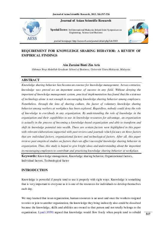 (PDF) Requirement for Knowledge Sharing Behavior: A Review of Empirical Findings | Ain Zuraini ...