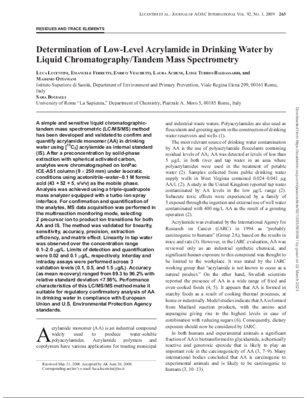 (PDF) Determination of Low-Level Acrylamide in Drinking Water by Liquid ...