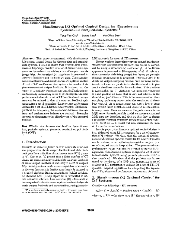 (PDF) Simultaneous LQ optimal control design for discrete-time systems and sampled-data systems