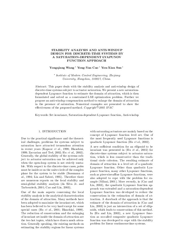 (PDF) Stability Analysis and Anti-Windup Design for Discrete-Time Systems by a Saturation ...