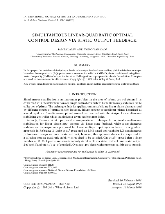 (PDF) Simultaneous linear‐quadratic optimal control design via static output feedback