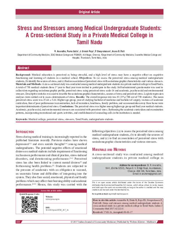 (PDF) Stress and Stressors among Medical Undergraduate Students: A Cross-sectional Study in a ...