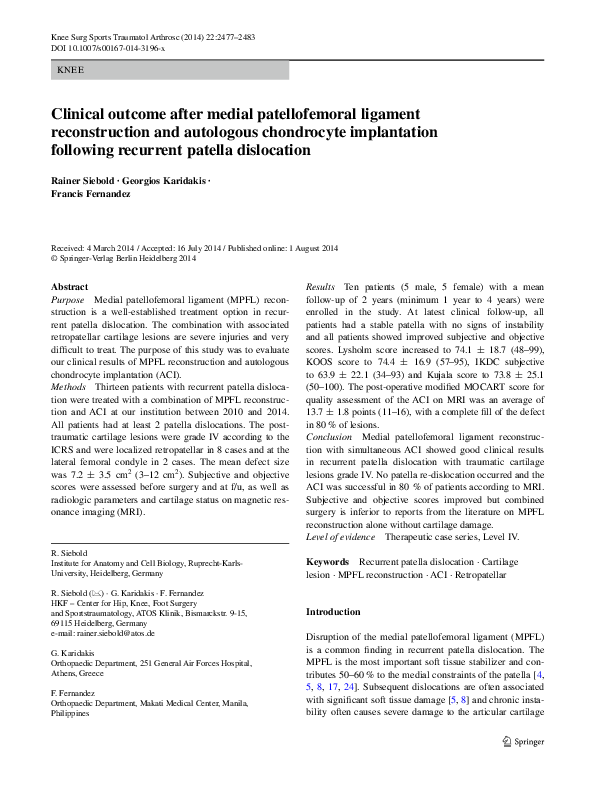 (PDF) Clinical outcome after medial patellofemoral ligament ...
