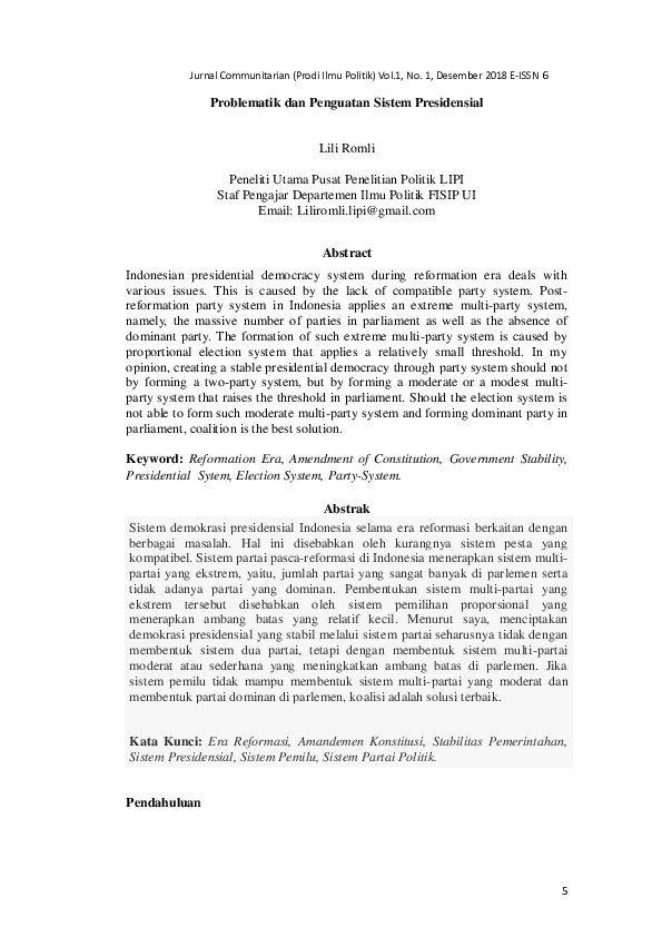 (PDF) Problematik dan Penguatan Sistem Presidensial