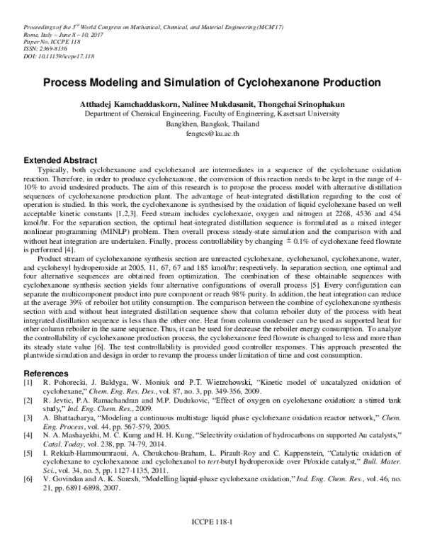 (PDF) Process Modeling and Simulation of Cyclohexanone Production