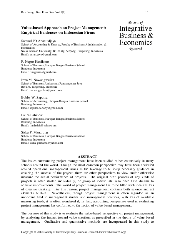 (PDF) Value-Based Approach on Project Management: Empirical Evidences ...