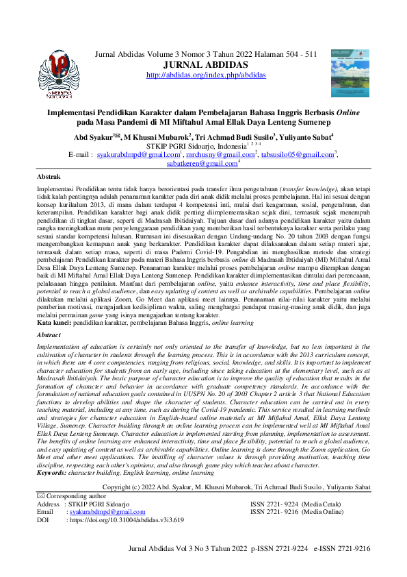 (PDF) Implementasi Pendidikan Karakter dalam Pembelajaran Bahasa Inggris Berbasis Online pada ...