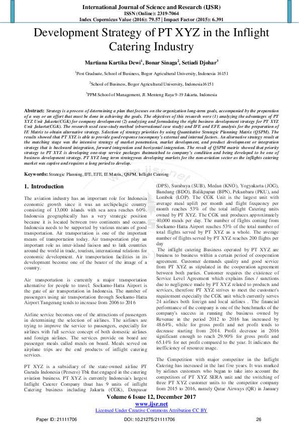 (PDF) Development Strategy of PT XYZ in the Inflight Catering Industry