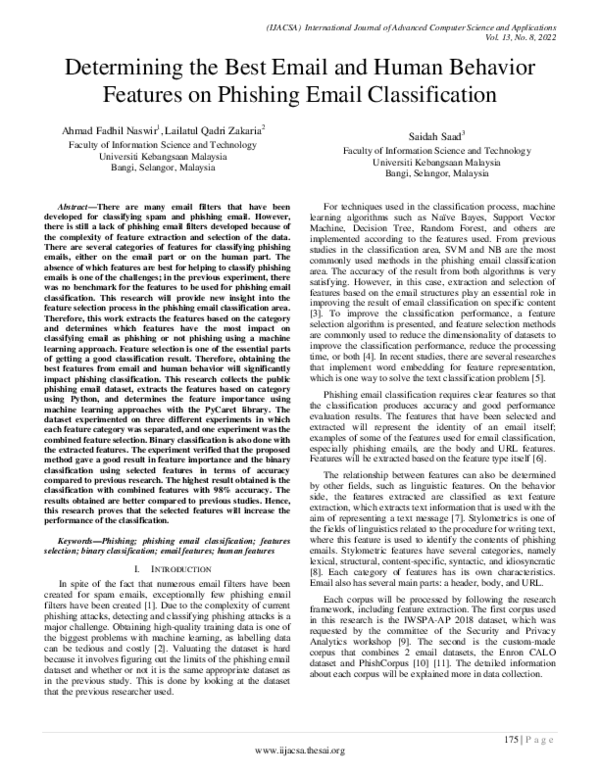 Pdf Determining The Best Email And Human Behavior Features On Phishing Email Classification