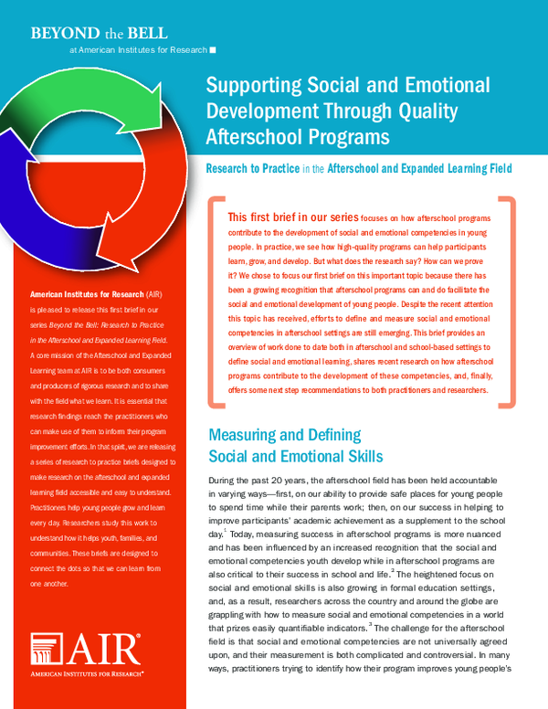 (PDF) Supporting Social and Emotional Development through Quality Afterschool Programs. Beyond ...
