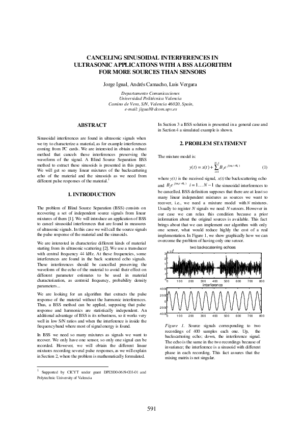 Pdf Canceling Sinusoidal Interferences In Ultrasonic Applications With A Bss Algorithm For