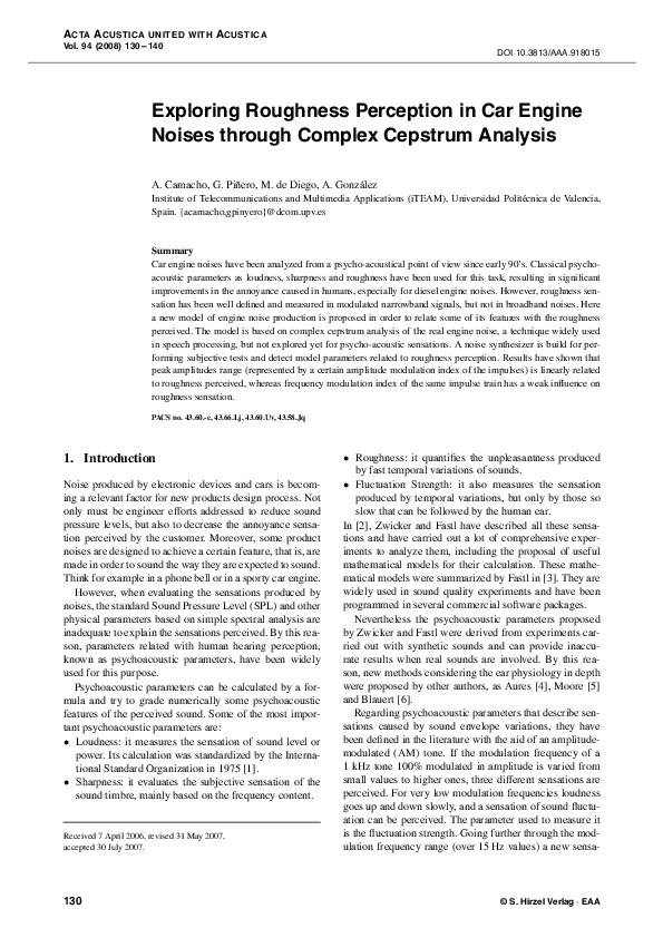 (PDF) Exploring Roughness Perception in Car Engine Noises through ...