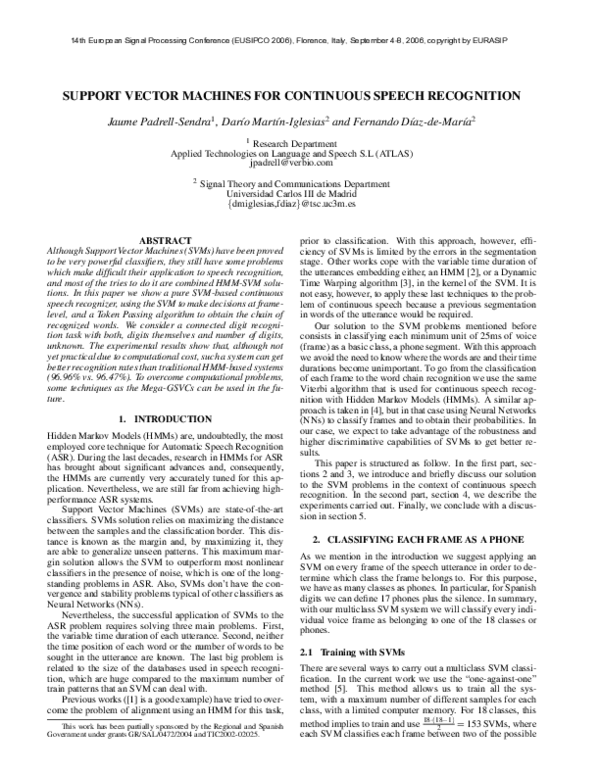 Pdf Support Vector Machines For Continuous Speech Recognition 