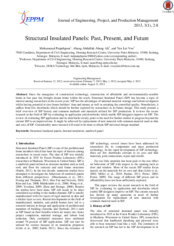 (PDF) Structural Insulated Panels: Past, Present, and Future