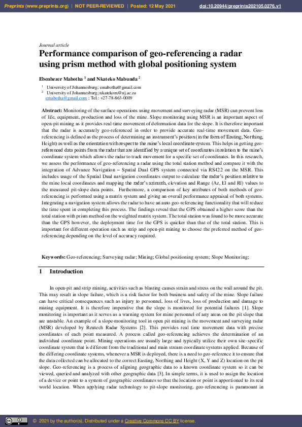 (PDF) Performance Comparison of Geo-Referencing a Radar Using Prism Method With Global ...