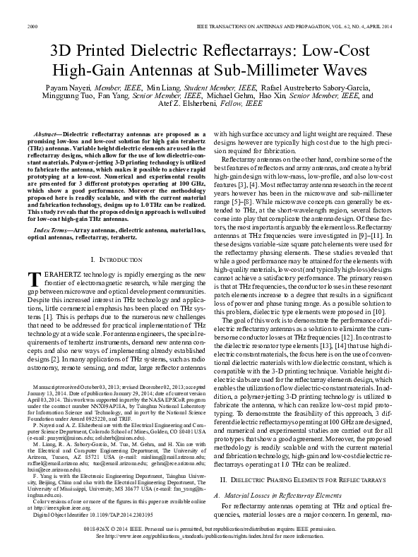 (PDF) 3D Printed Dielectric Reflectarrays: Low-Cost High-Gain Antennas at Sub-Millimeter Waves