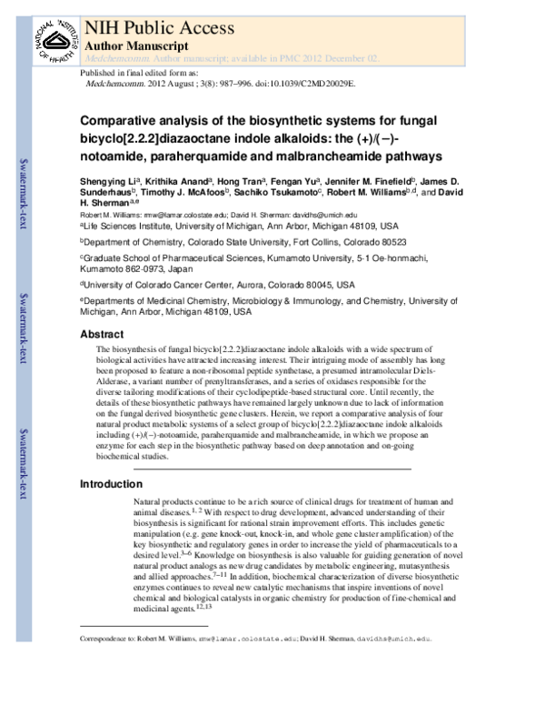 (PDF) Comparative analysis of the biosynthetic systems for fungal bicyclo[2.2.2]diazaoctane ...