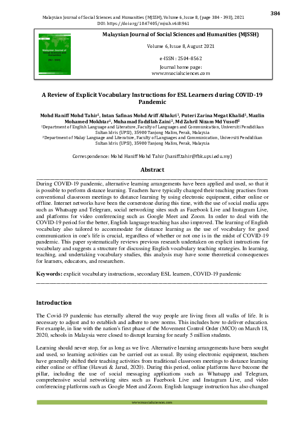 (PDF) A Review of Explicit Vocabulary Instructions for ESL Learners ...