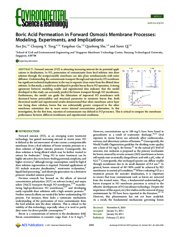 (PDF) Boric Acid Permeation in Forward Osmosis Membrane Processes: Modeling, Experiments, and ...