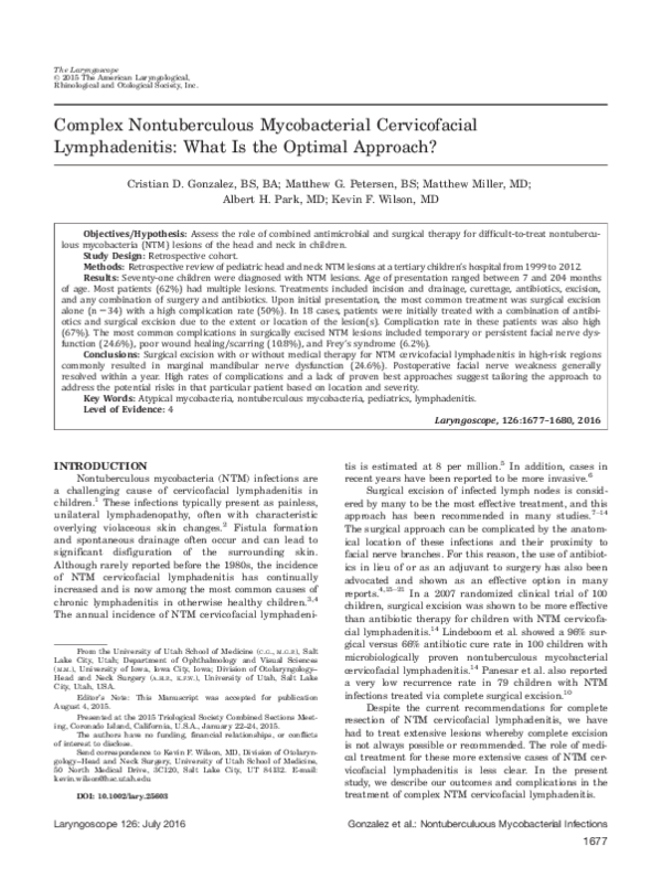 (PDF) Complex nontuberculous mycobacterial cervicofacial lymphadenitis: What is the optimal ...