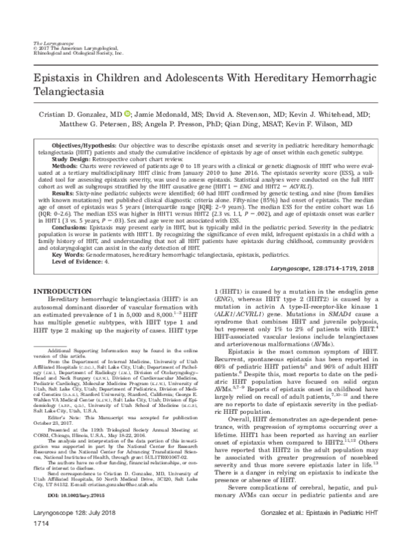 (PDF) Epistaxis in children and adolescents with hereditary hemorrhagic ...