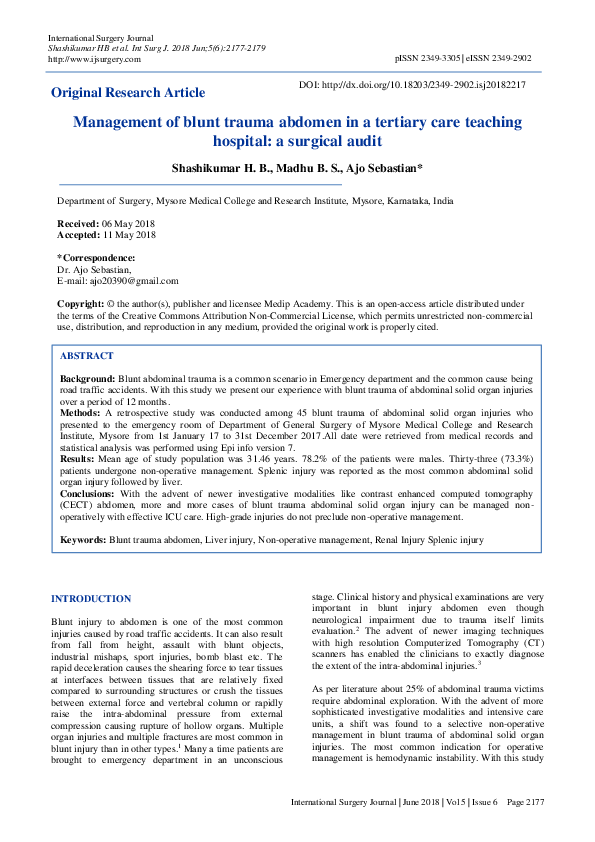 (PDF) Management of blunt trauma abdomen in a tertiary care teaching ...