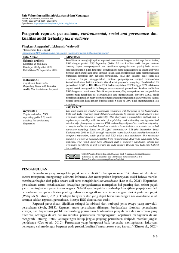 (PDF) Pengaruh reputasi perusahaan, environmental, social and ...