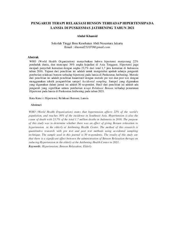 (PDF) Pengaruh Terapi Relaksasi Benson Terhadap Hipertensipada Lansia ...
