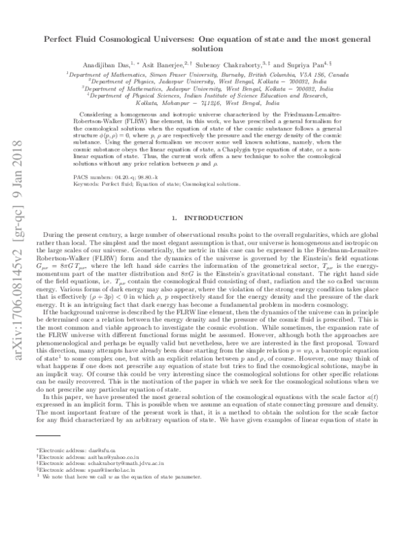 (PDF) Perfect fluid cosmological Universes: One equation of state and the most general solution