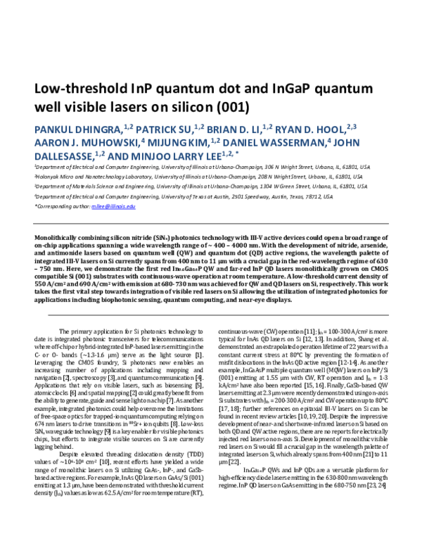 (PDF) Low-threshold InP quantum dot and InGaP quantum well visible lasers on silicon (001)