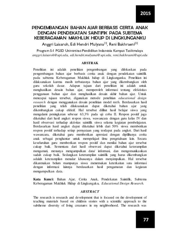 (PDF) Pengembangan Bahan Ajar Berbasis Cerita Anak Dengan Pendekatan Saintifik Pada Subtema ...