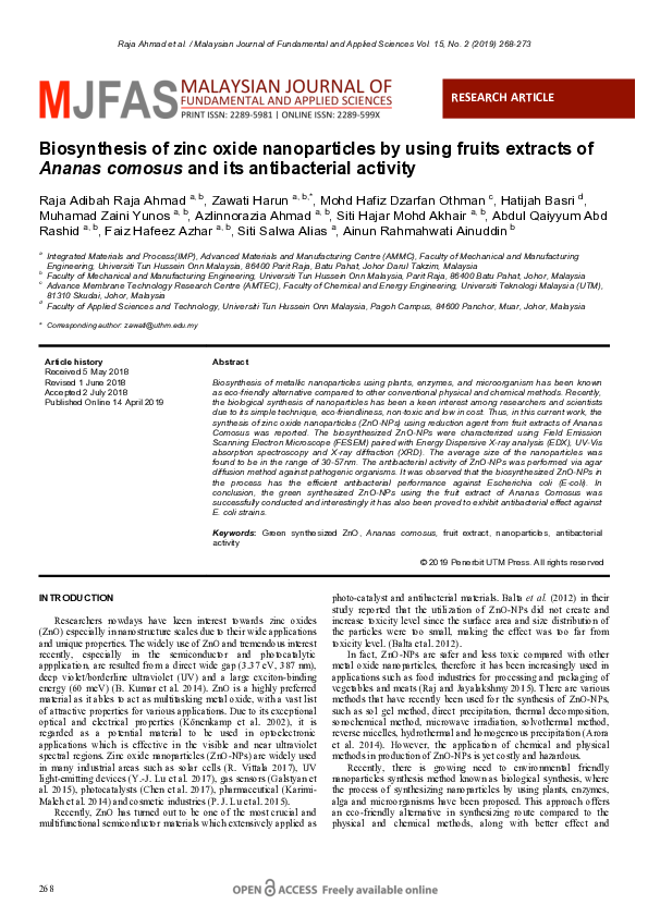 (PDF) Biosynthesis of zinc oxide nanoparticles by using fruits extracts of Ananas Comosus and ...