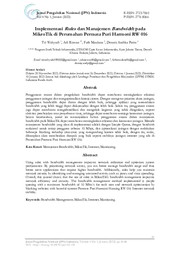 (PDF) Implementasi Rules dan Manajemen Bandwidth pada Mikrotik di Perumahan Permata Puri Harmoni ...
