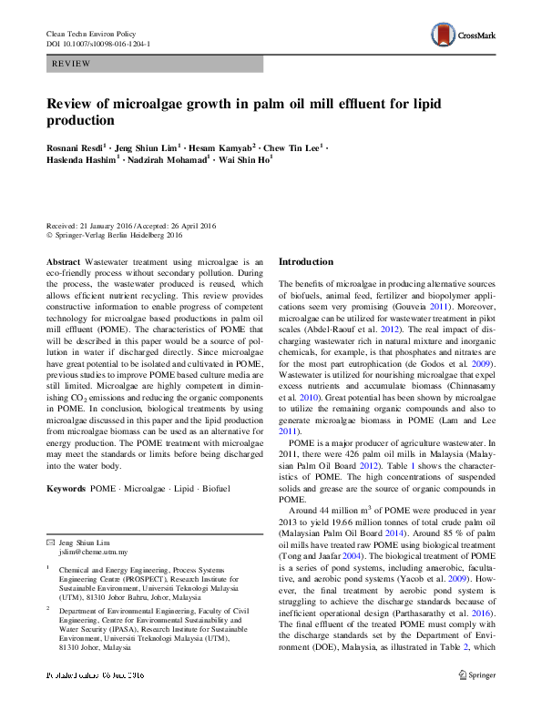 (PDF) Review of microalgae growth in palm oil mill effluent for lipid production