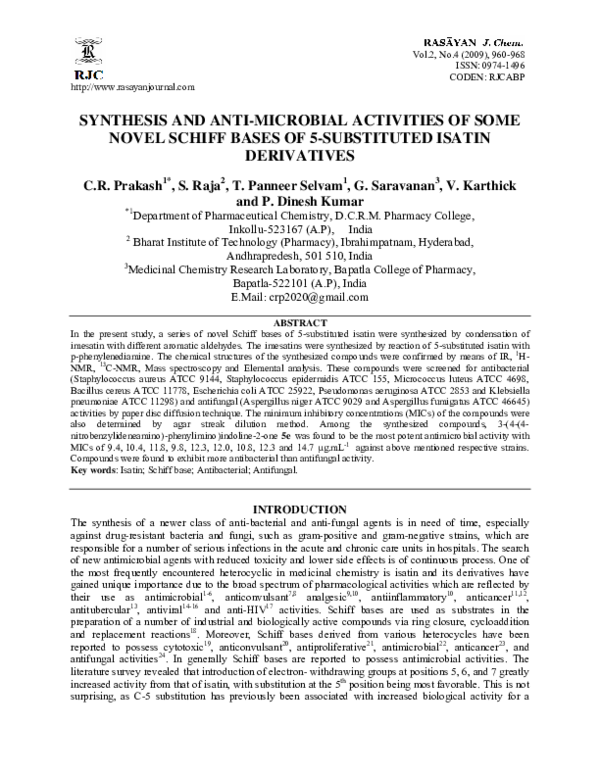 (PDF) Synthesis and Anti-Microbial Activities of Some Novel Schiff Bases of 5-SUBSTITUTED Isatin ...