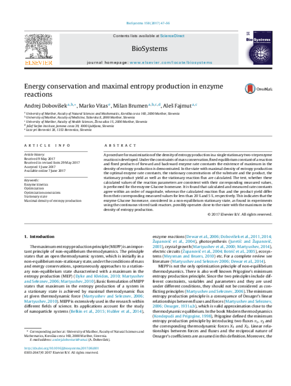 (PDF) Energy conservation and maximal entropy production in enzyme ...