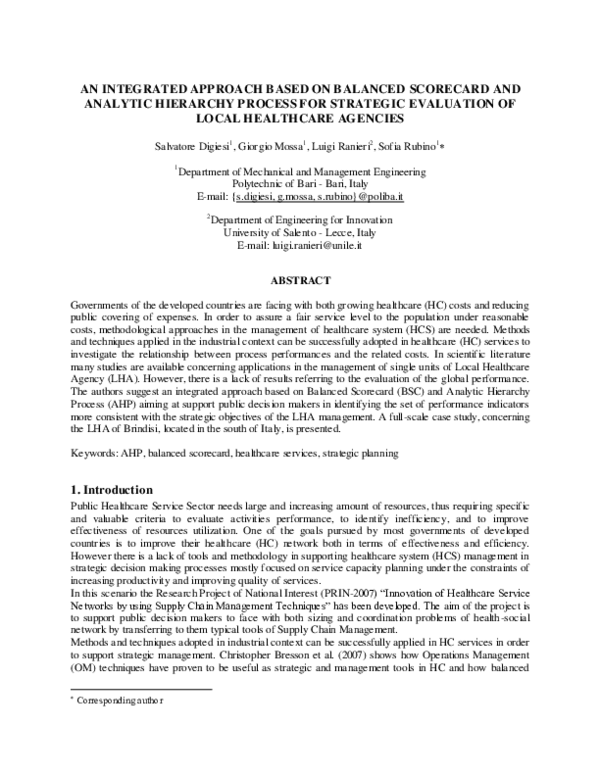 (PDF) An Integrated Approach Based on Balanced Scorecard and Analytic Hierarchy Process for ...