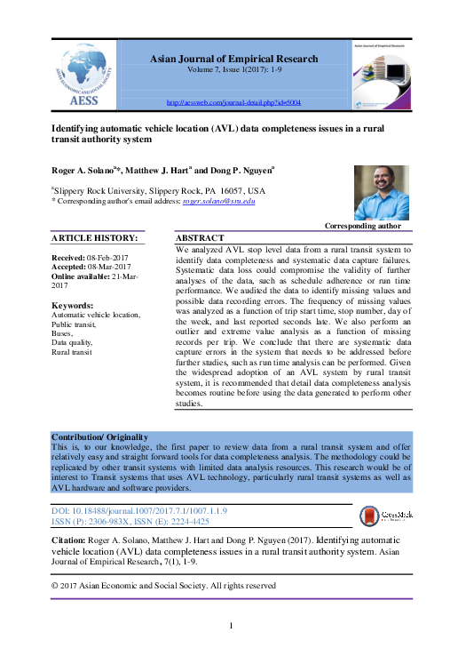 Pdf Identifying Automatic Vehicle Location Avl Data Completeness Issues In A Rural Transit