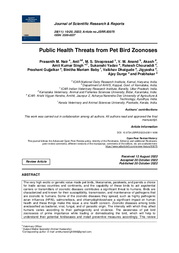 (PDF) Public Health Threats from Pet Bird Zoonoses