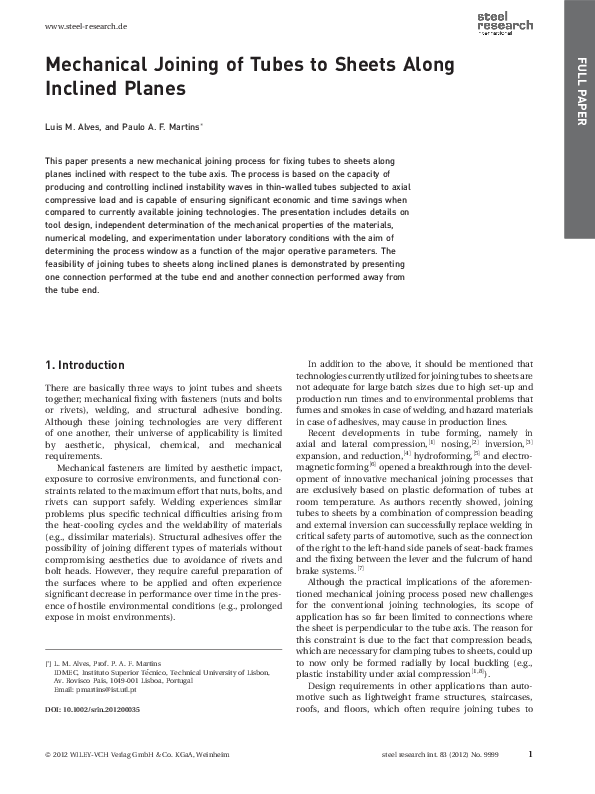 (PDF) Mechanical Joining of Tubes to Sheets Along Inclined Planes