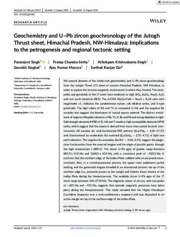 (PDF) Geochemistry and U-Pb zircon geochronology of the Jutogh Thrust sheet, Himachal Pradesh ...