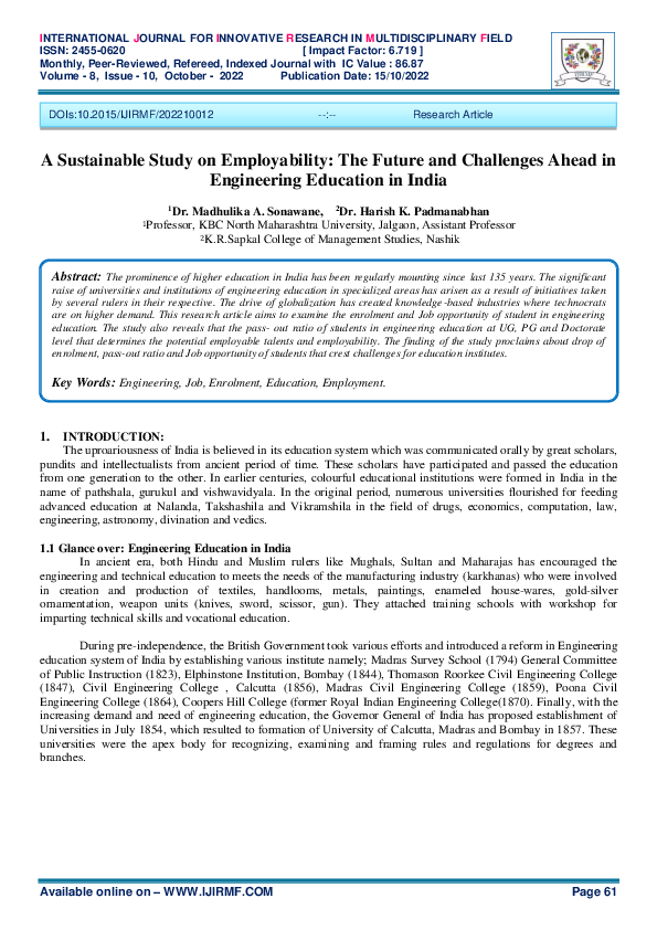 (PDF) A Sustainable Study on Employability: The Future and Challenges Ahead in Engineering ...