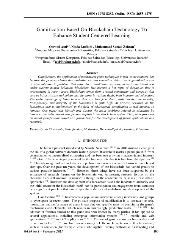 (PDF) Gamification Based On Blockchain Technology To Enhance Student Centered Learning