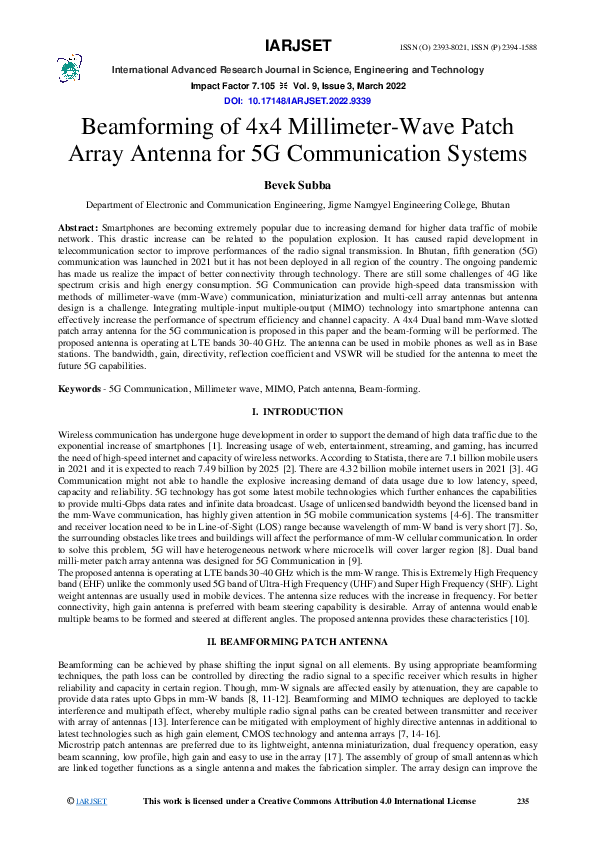 (PDF) Beamforming of 4x4 Millimeter-Wave Patch Array Antenna for 5G Communication Systems