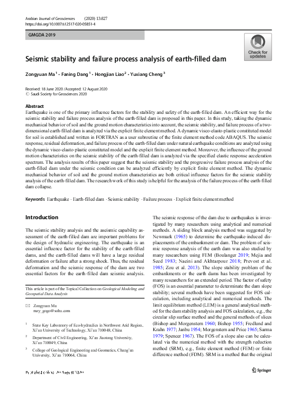 (PDF) Seismic stability and failure process analysis of earth-filled dam