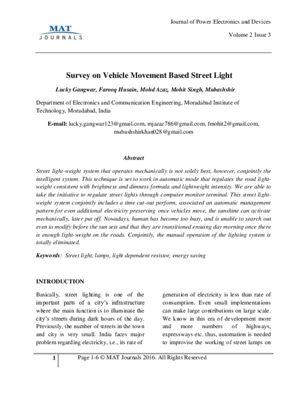 (PDF) Survey on Vehicle Movement Based Street Light